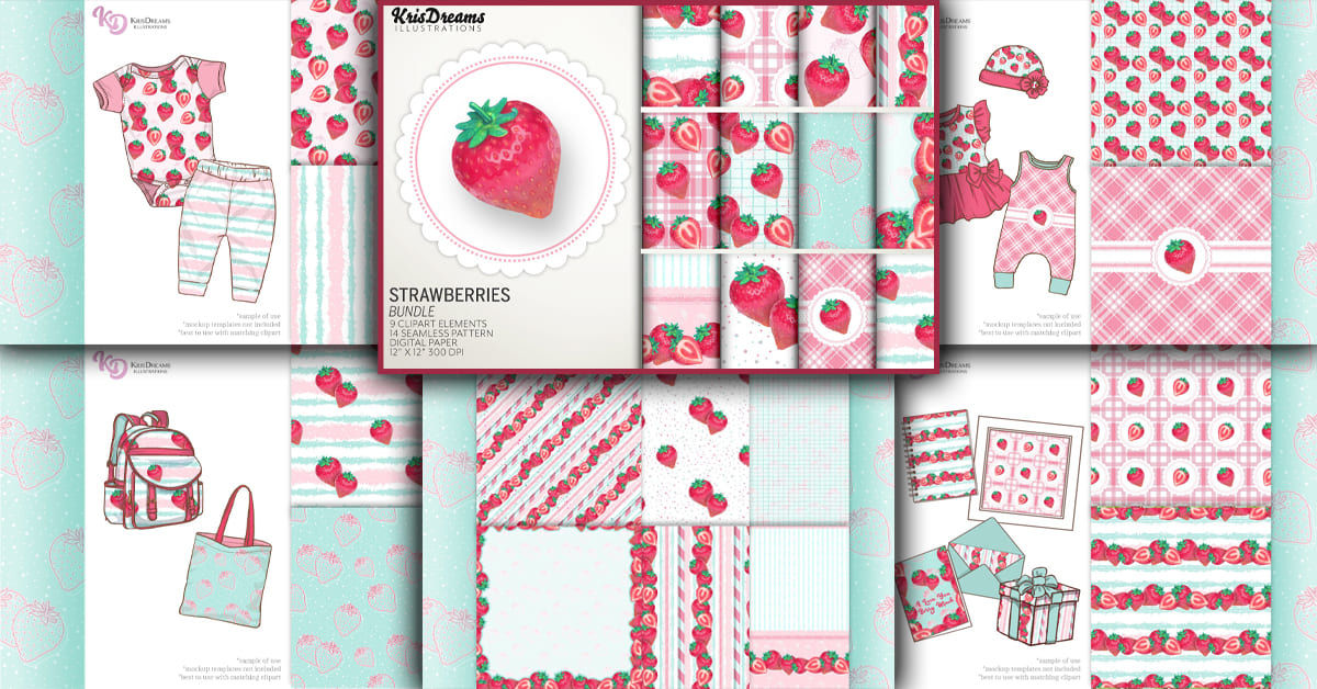 Strawberry Clipart and Digital Paper Graphics Bundle – MasterBundles