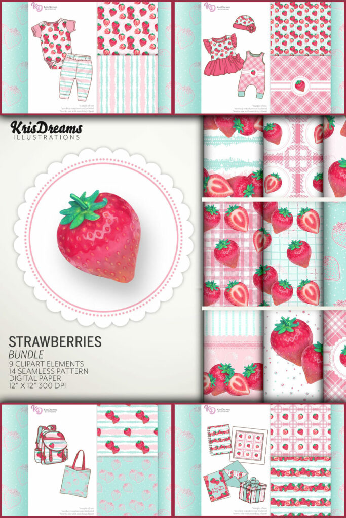 Strawberry Clipart and Digital Paper Graphics Bundle – MasterBundles