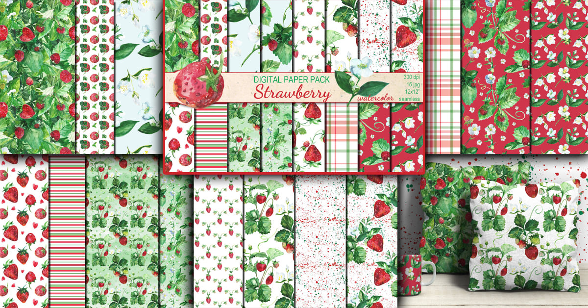 Watercolor Strawberry Seamless Digital Paper Pack – MasterBundles