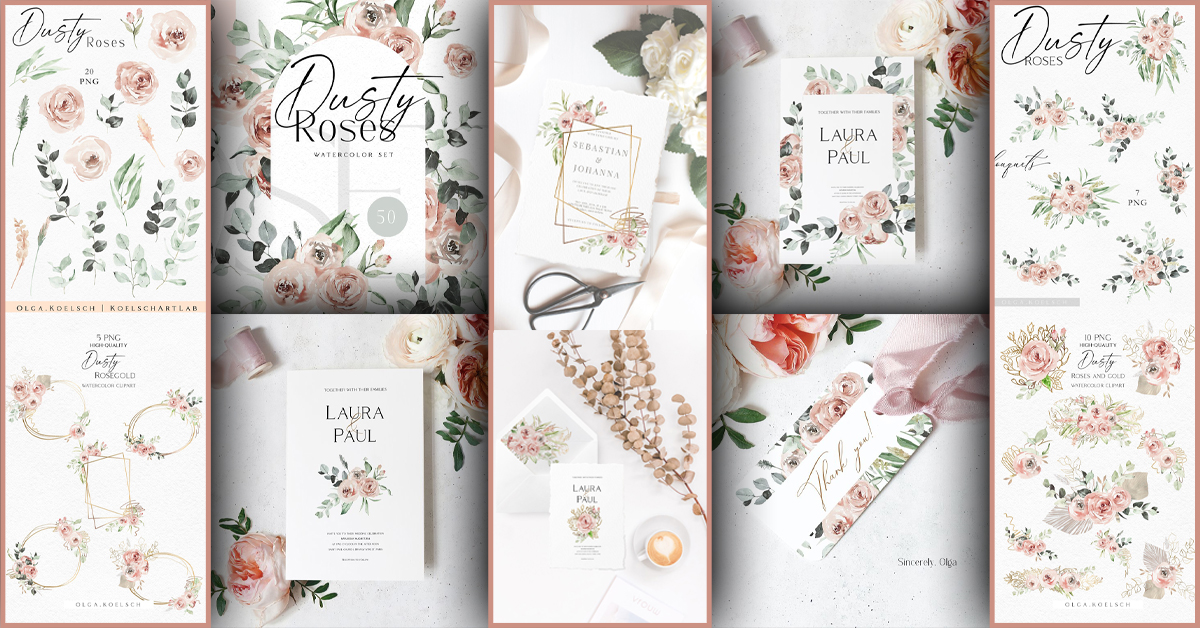 Dusty Roses Boho Watercolor | Master Bundles