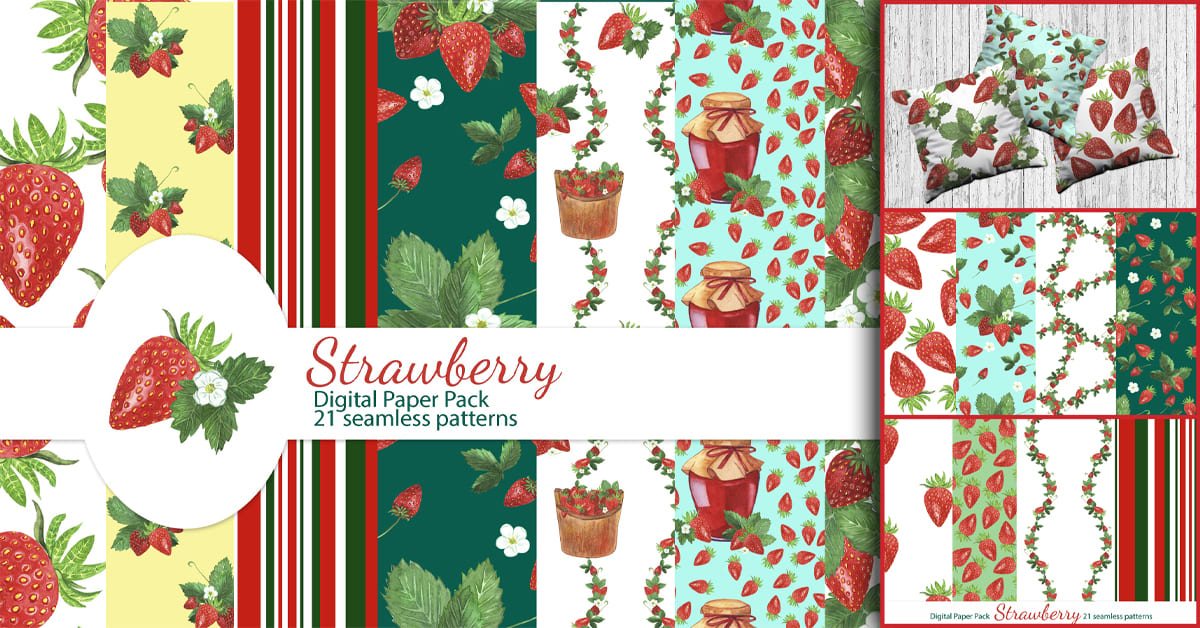 Strawberry Digital Paper Pack, Strawberry Seamless Pattern – MasterBundles