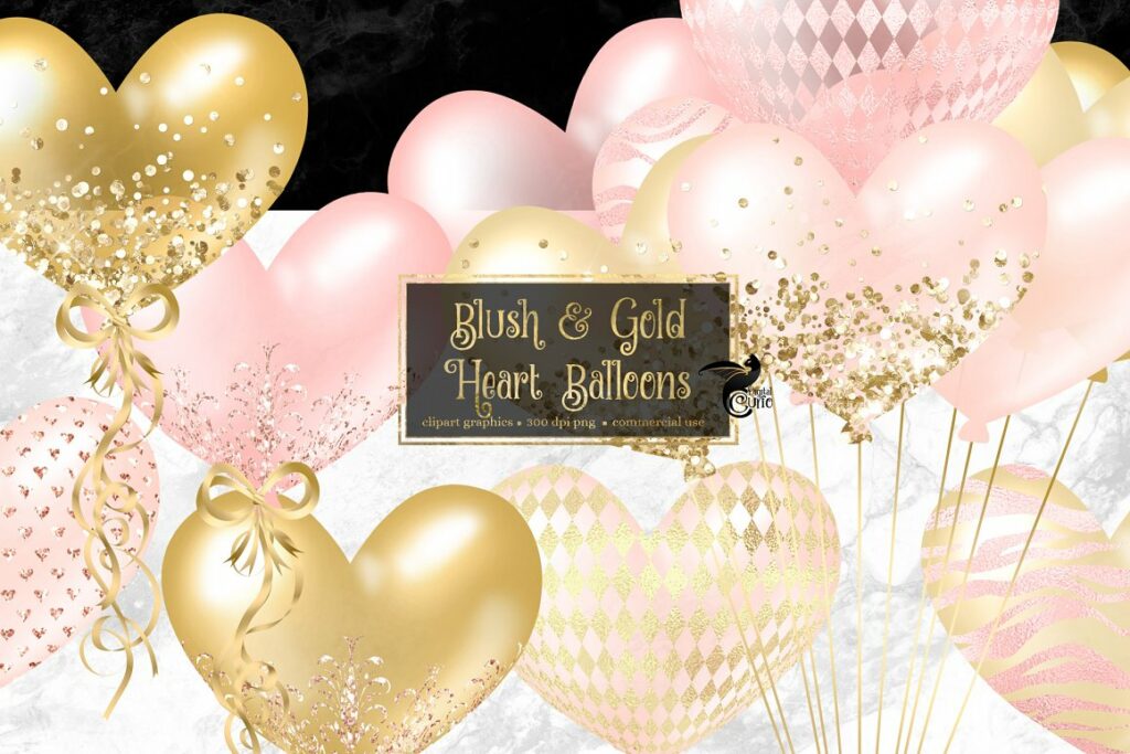 Blush & Gold Heart Balloons Clipart – MasterBundles