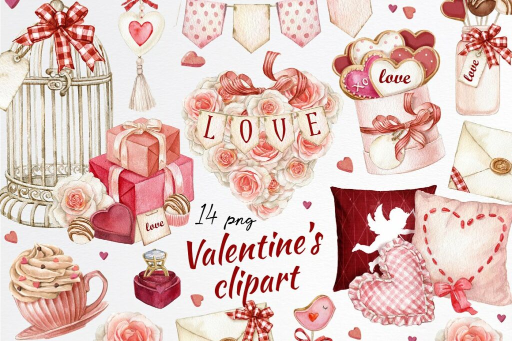Watercolor Valentines Day Clipart. | MasterBundles