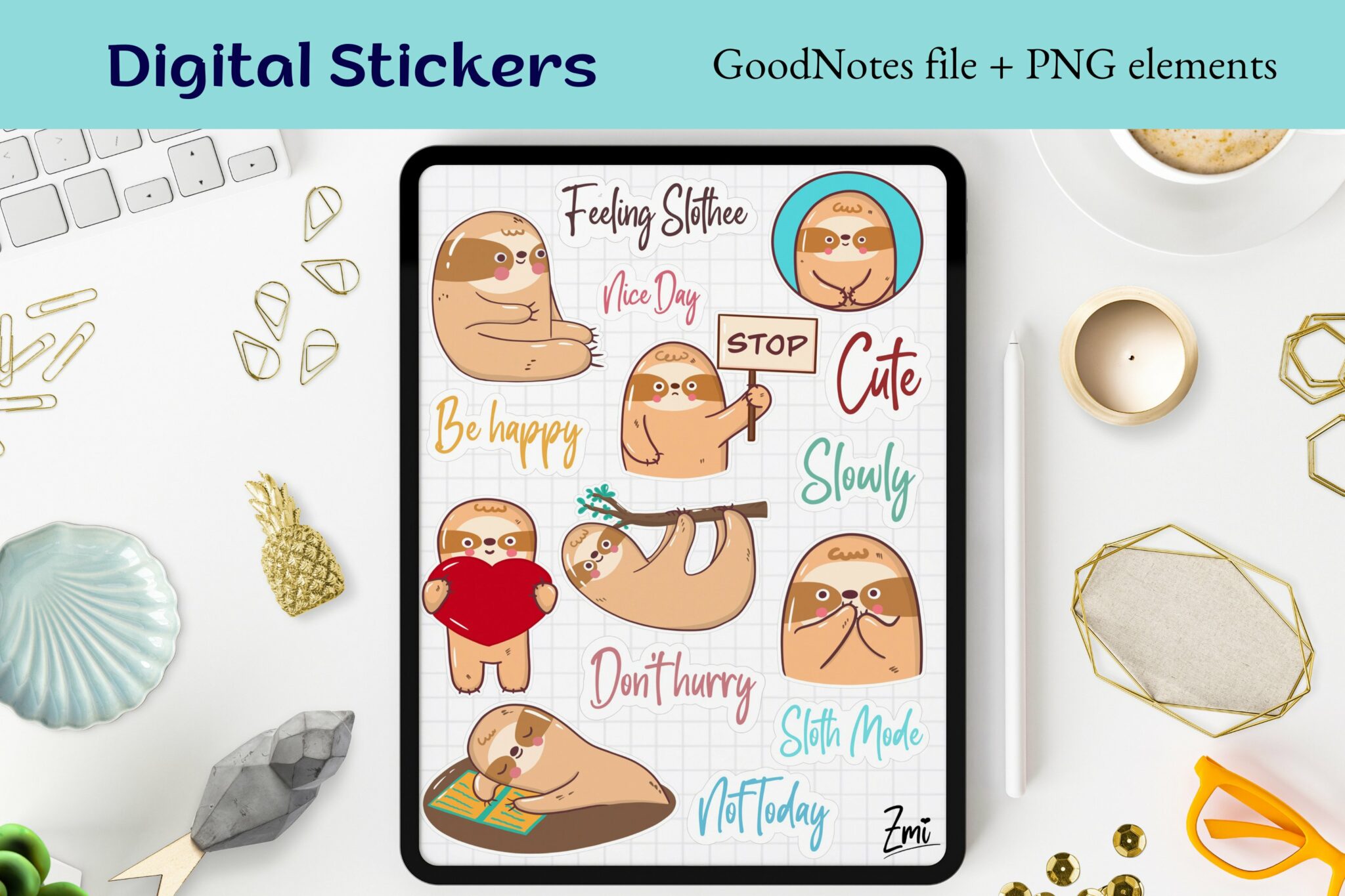 Cute Sloth Digital Stickers Pack | 15 PNG And GoodNotes File ...