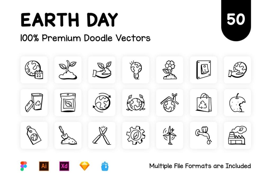 50 Doodle Earth Day Vector Icons – MasterBundles
