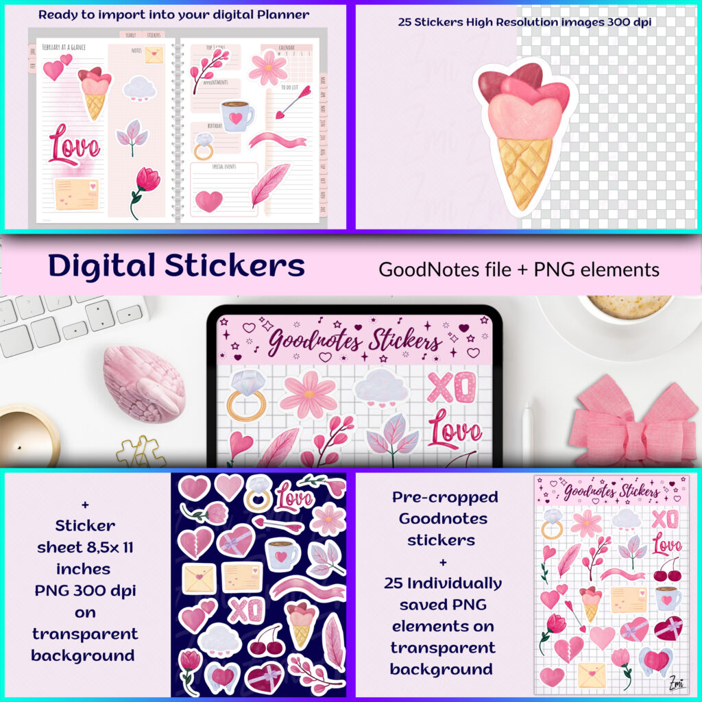 Valentine's Day Digital Stickers Pack PNG And GoodNotes File ...