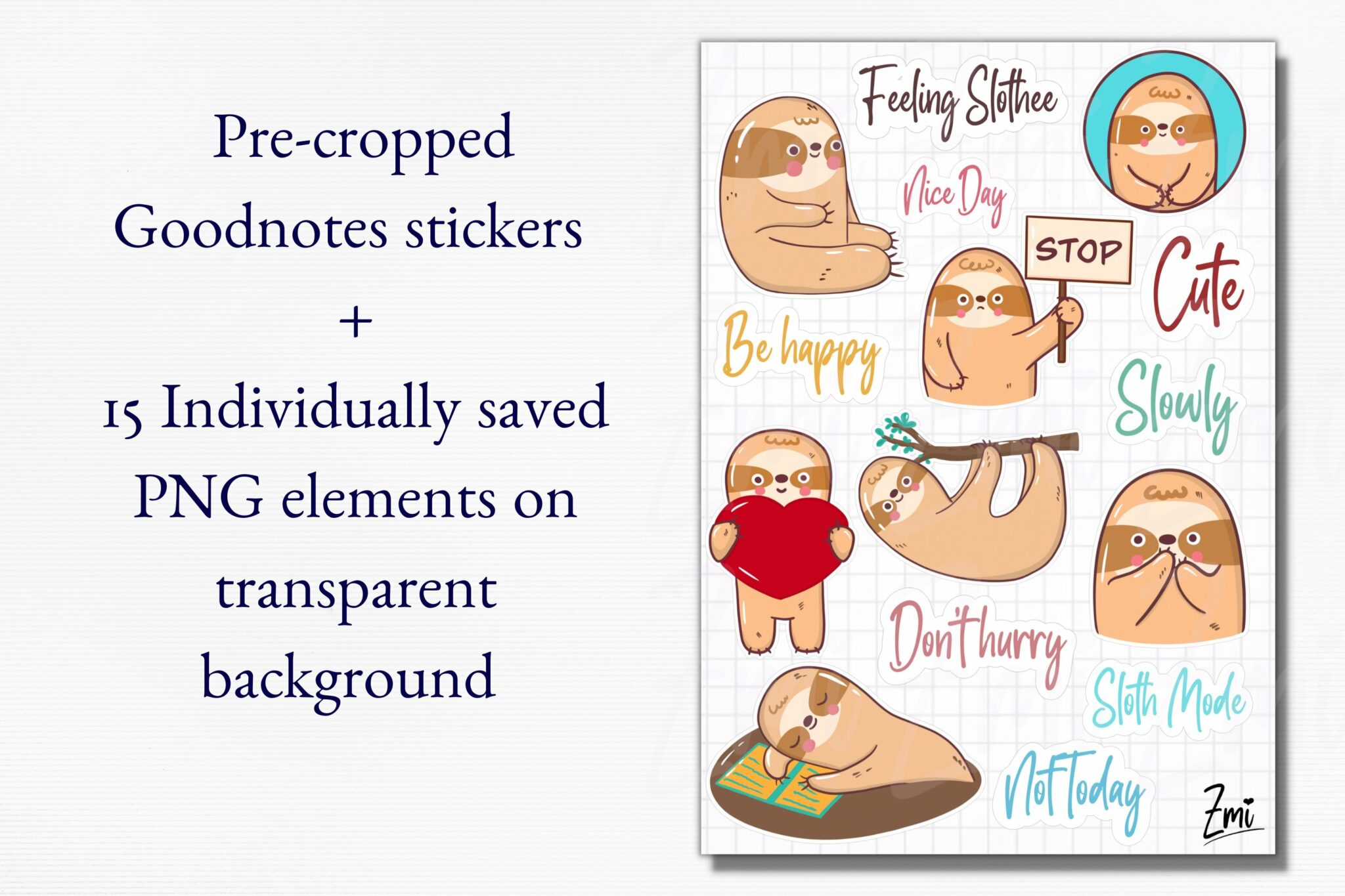 Cute Sloth Digital Stickers Pack | 15 PNG And GoodNotes File ...