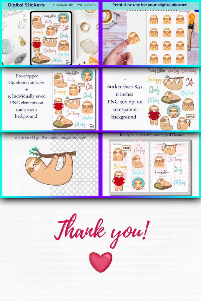 Cute Sloth Digital Stickers Pack | 15 PNG And GoodNotes File ...