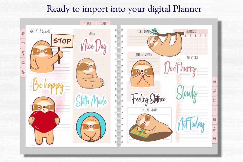 Cute Sloth Digital Stickers Pack | 15 PNG And GoodNotes File ...