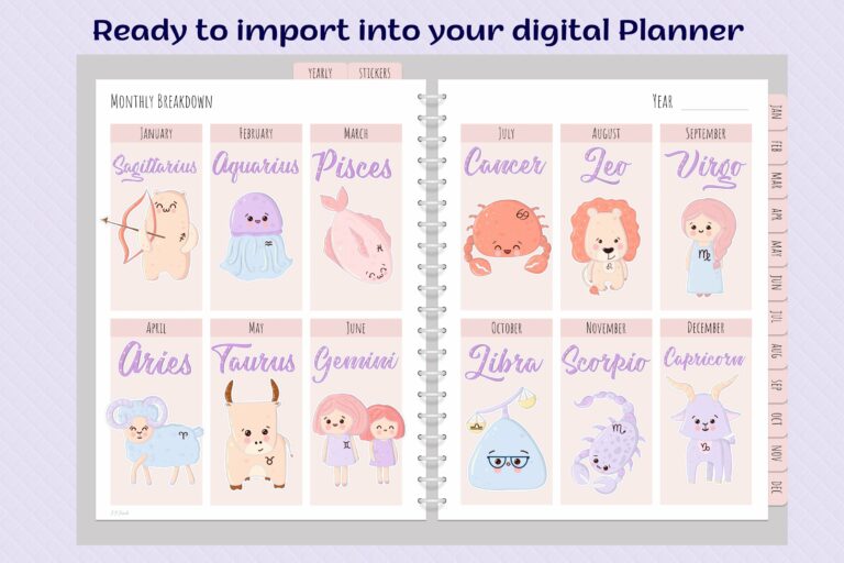 Kawaii Zodiac PNG Digital Stickers Pack And GoodNotes File – MasterBundles