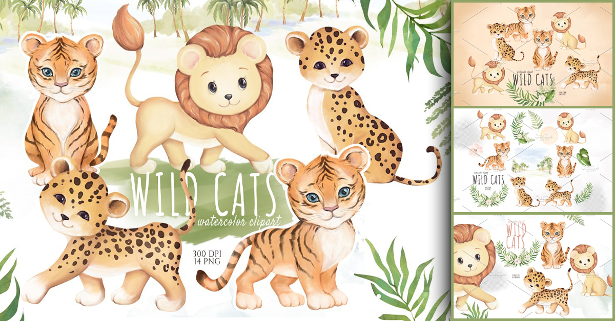 Cute Wild Cats Watercolor Clipart – MasterBundles