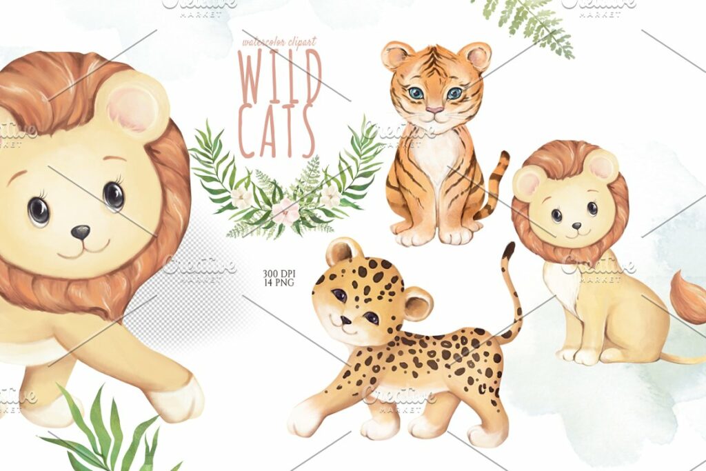 Cute Wild Cats Watercolor Clipart – MasterBundles