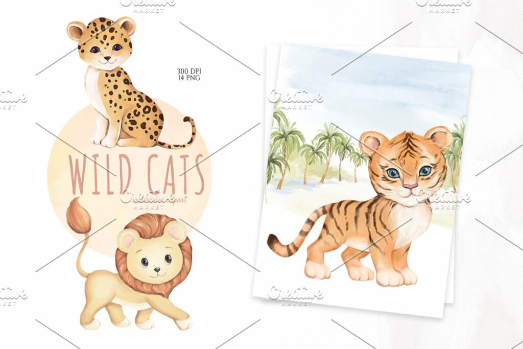 Cute Wild Cats Watercolor Clipart – MasterBundles