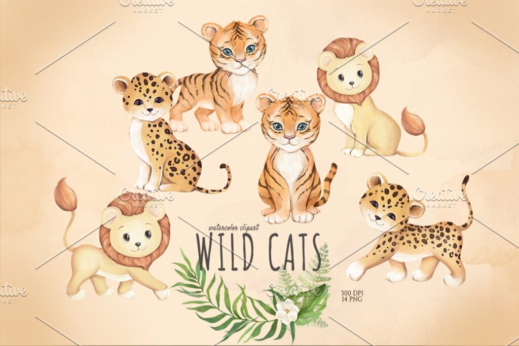 Cute Wild Cats Watercolor Clipart – MasterBundles
