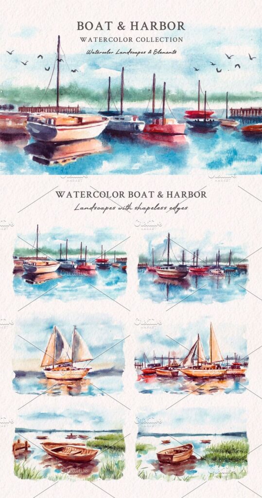 Watercolor Boat & Harbor – MasterBundles