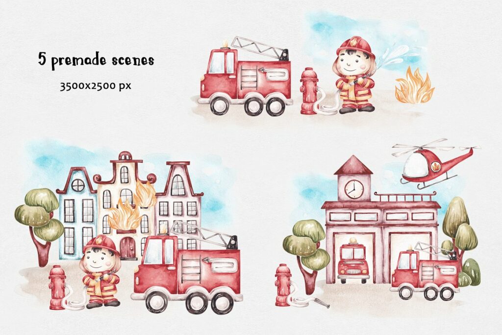 Watercolor Set “Fire Department” – MasterBundles