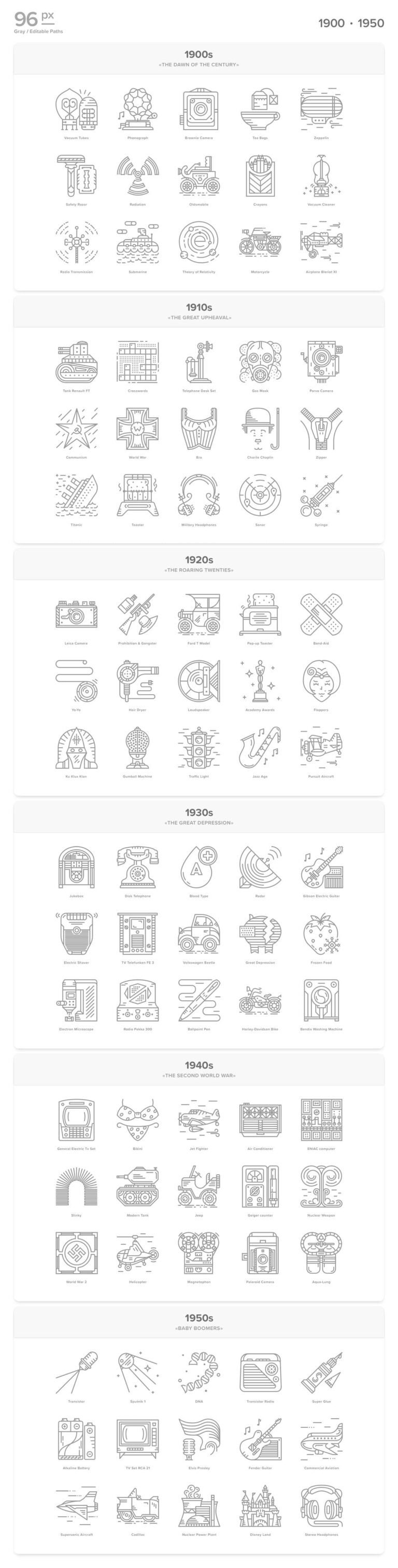 20 Century History. Color Line Icons – MasterBundles