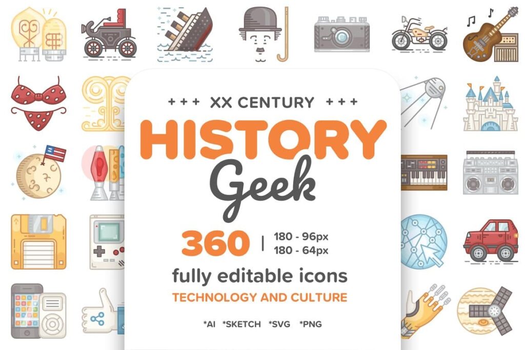 20 Century History. Color Line Icons – MasterBundles