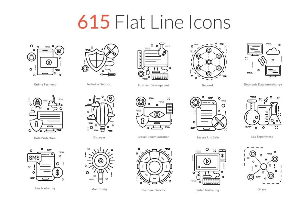 615 Flat Line Icons – MasterBundles