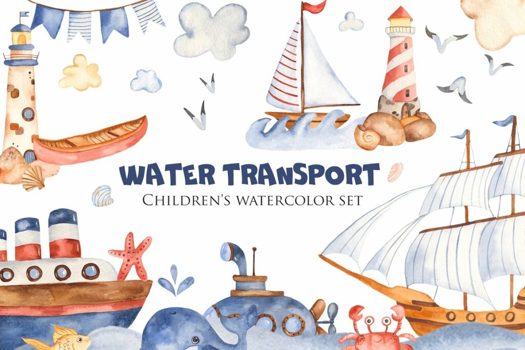 Water Transport. Watercolor Set – MasterBundles