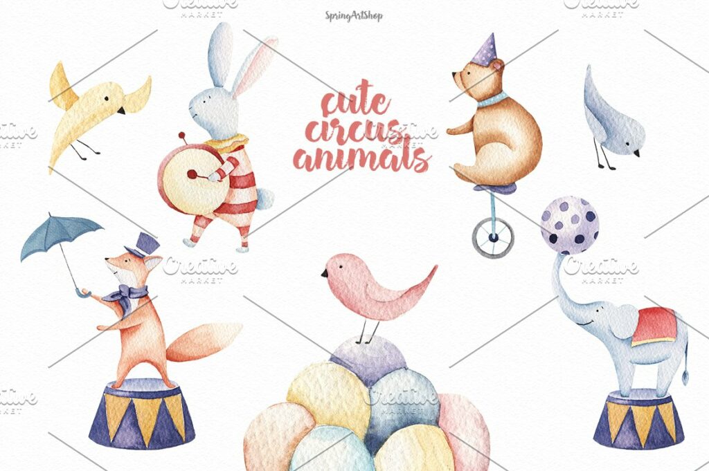 Circus Animals Watercolor Clipart – MasterBundles