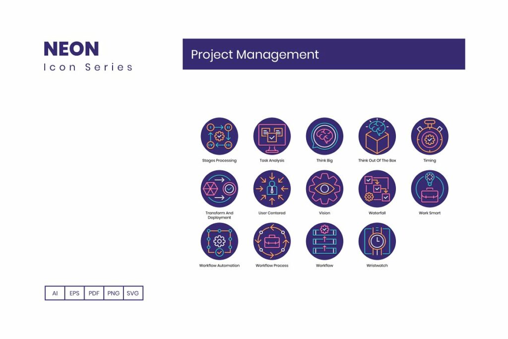 74 Project Management Icons - Neon – MasterBundles