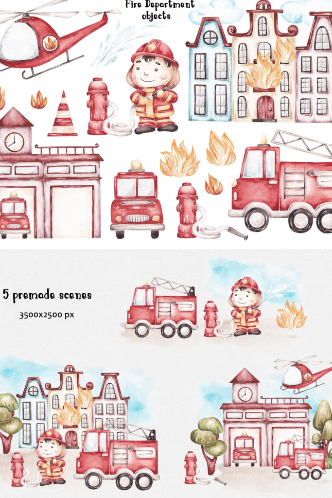 Watercolor Set “Fire Department” – MasterBundles